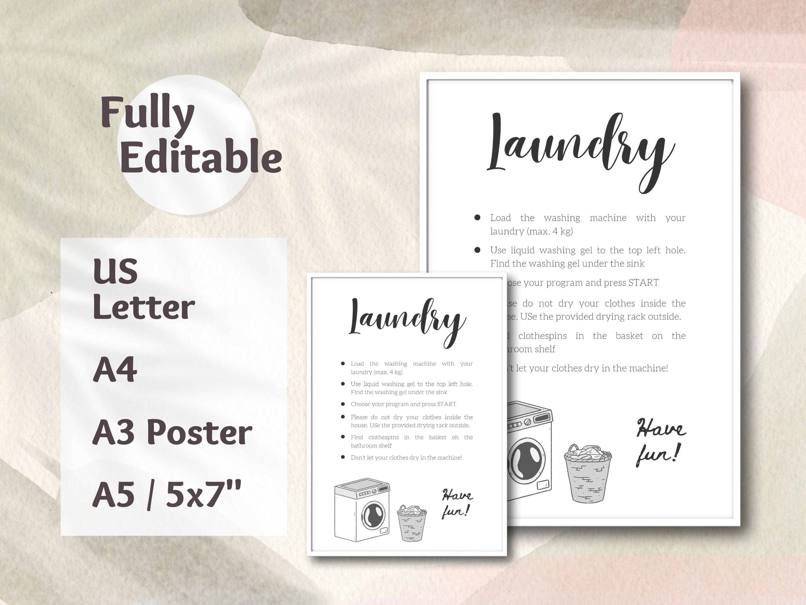 Editable Laundry Room Sign, Washing Machine Instructions, Printable ...