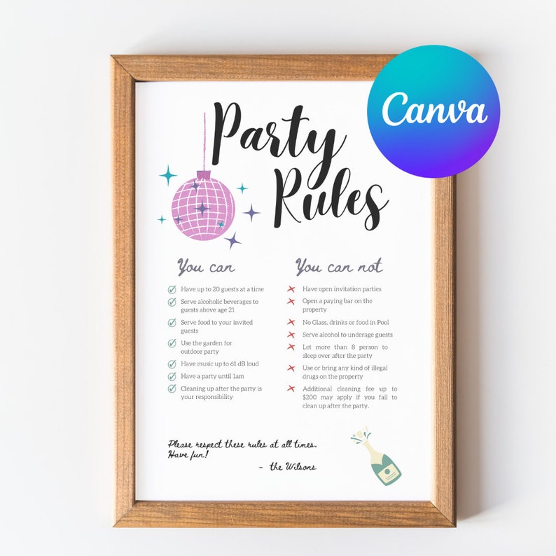Party Rules Editable Sign Rules Poster Instructions for Guests ...