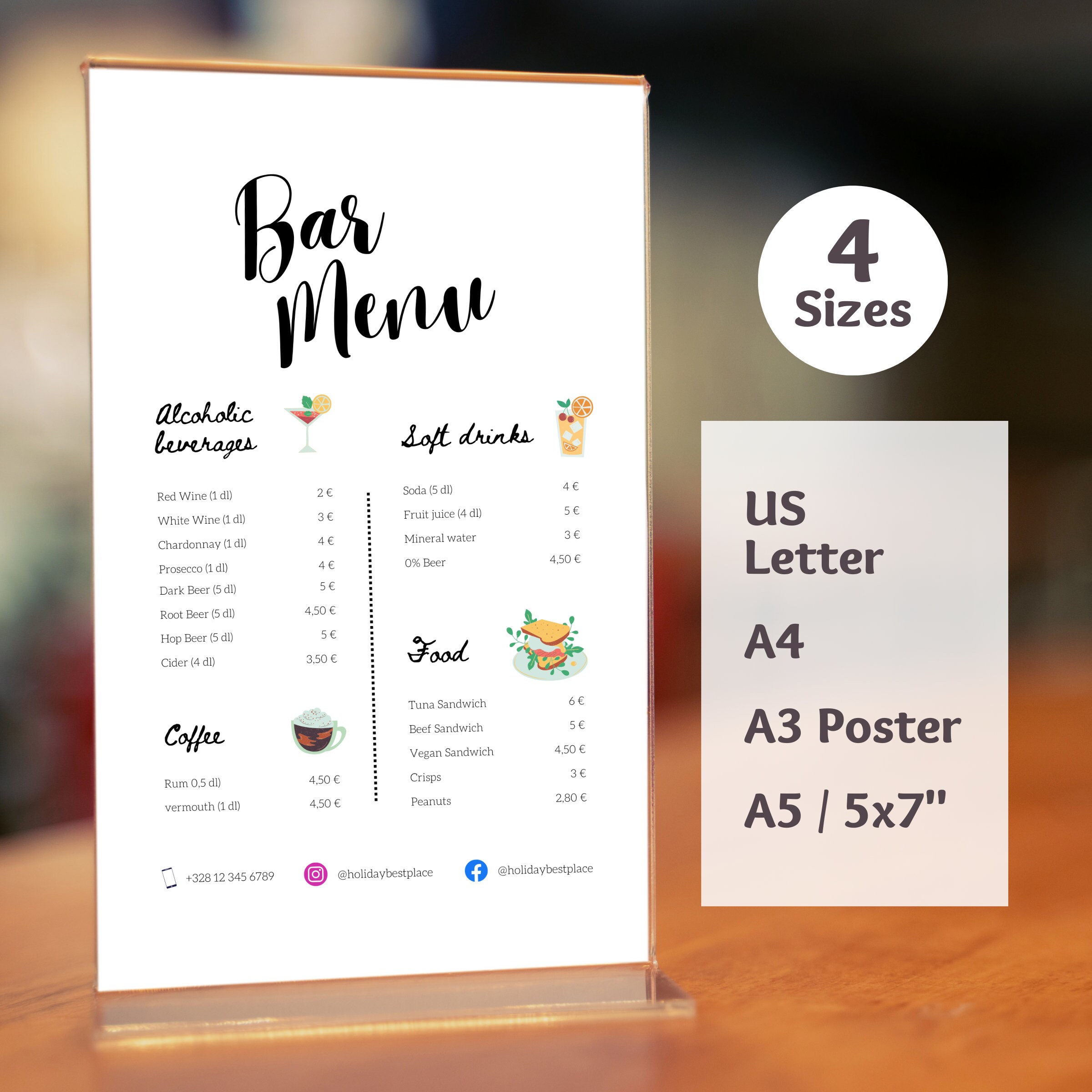 Editable Diner Price Sheet, Custom One-page Bar Menu Card, Printable ...