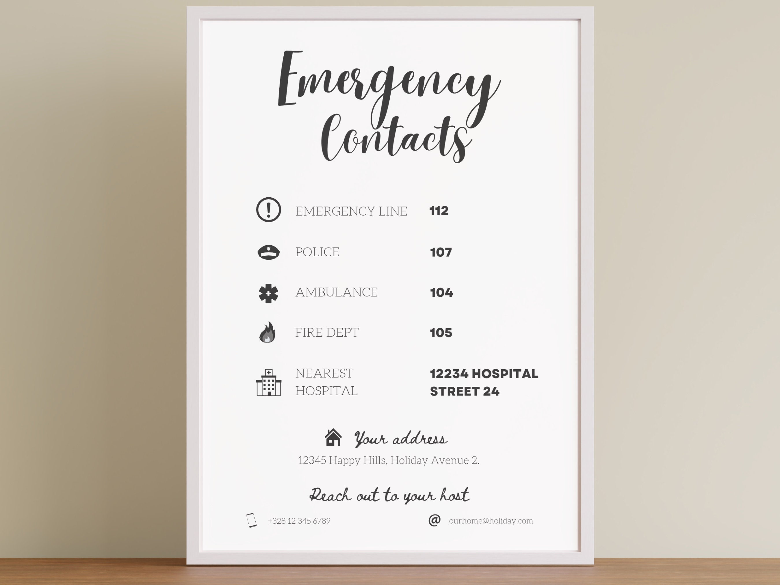 Emergency Contacts Airbnb Sign, Printable Template for Holiday Homes ...