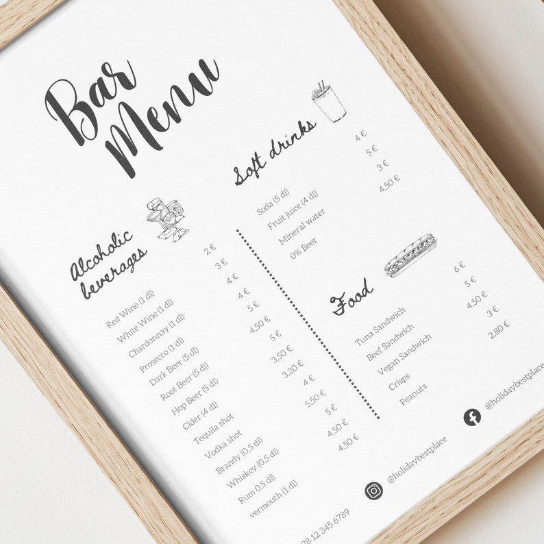 Bar Menu Editable Price Sheet Custom One-page Menu Card - Etsy
