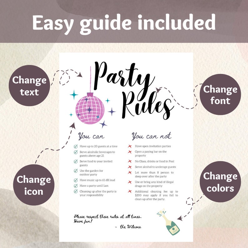 Party Rules Editable Sign Rules Poster Instructions for Guests ...