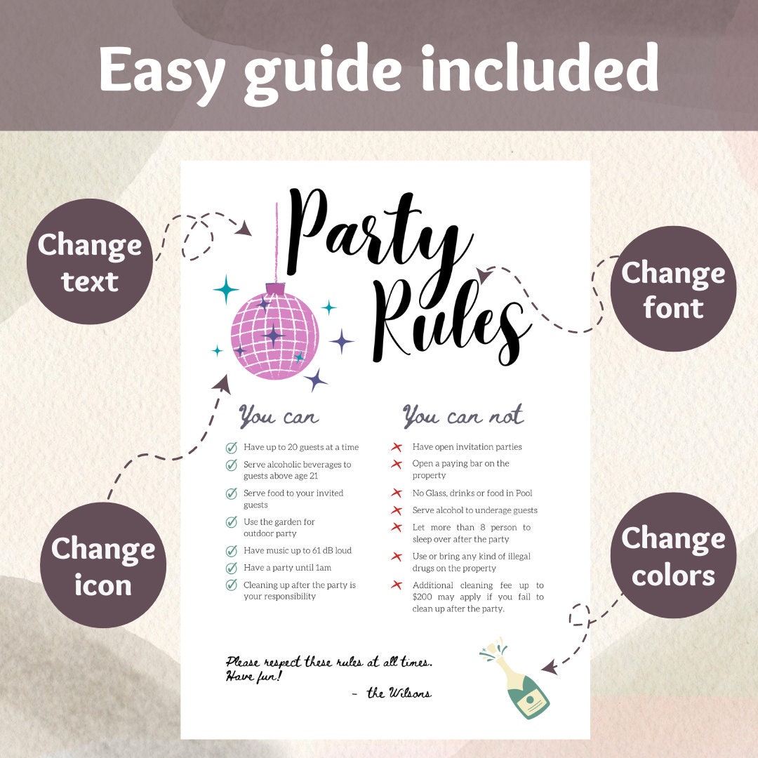 Party Rules Editable Sign Rules Poster Instructions for Guests ...