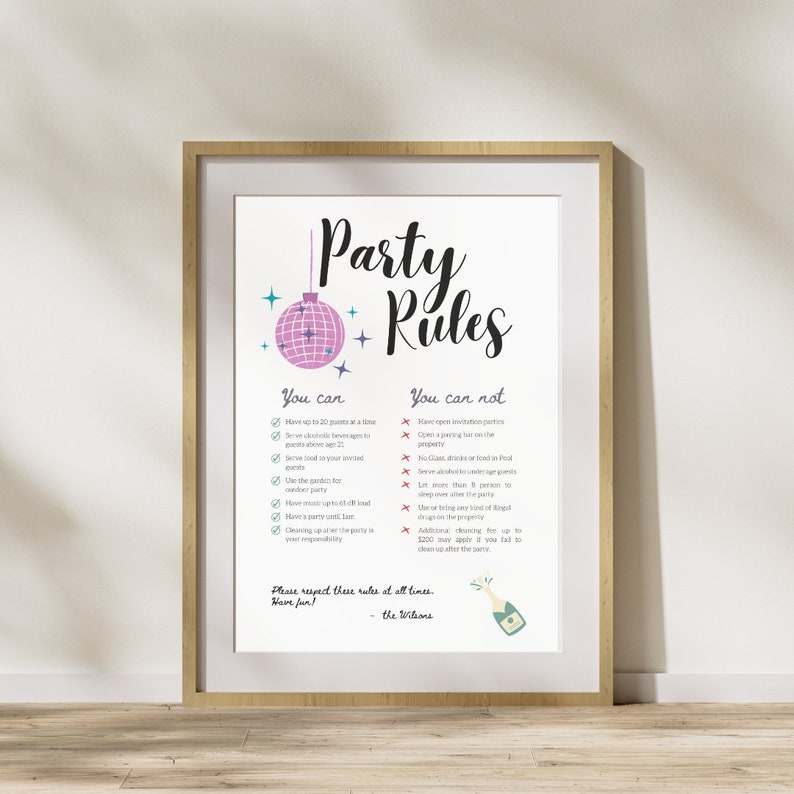 Party Rules Editable Sign Rules Poster Instructions for Guests ...