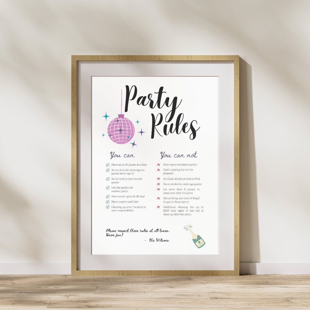 Party Rules Editable Sign Rules Poster Instructions for Guests ...