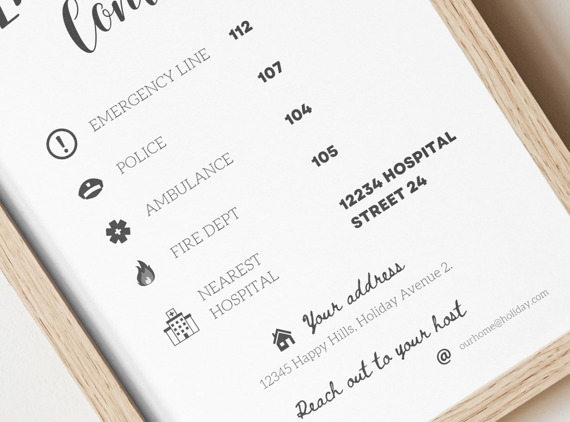 Emergency Contacts Airbnb Sign, Printable Template for Holiday Homes ...