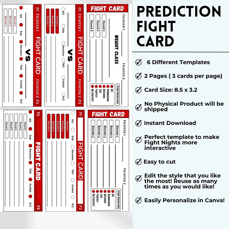 Editable Fight Prediction Card Templates, Sports Game Activity With ...