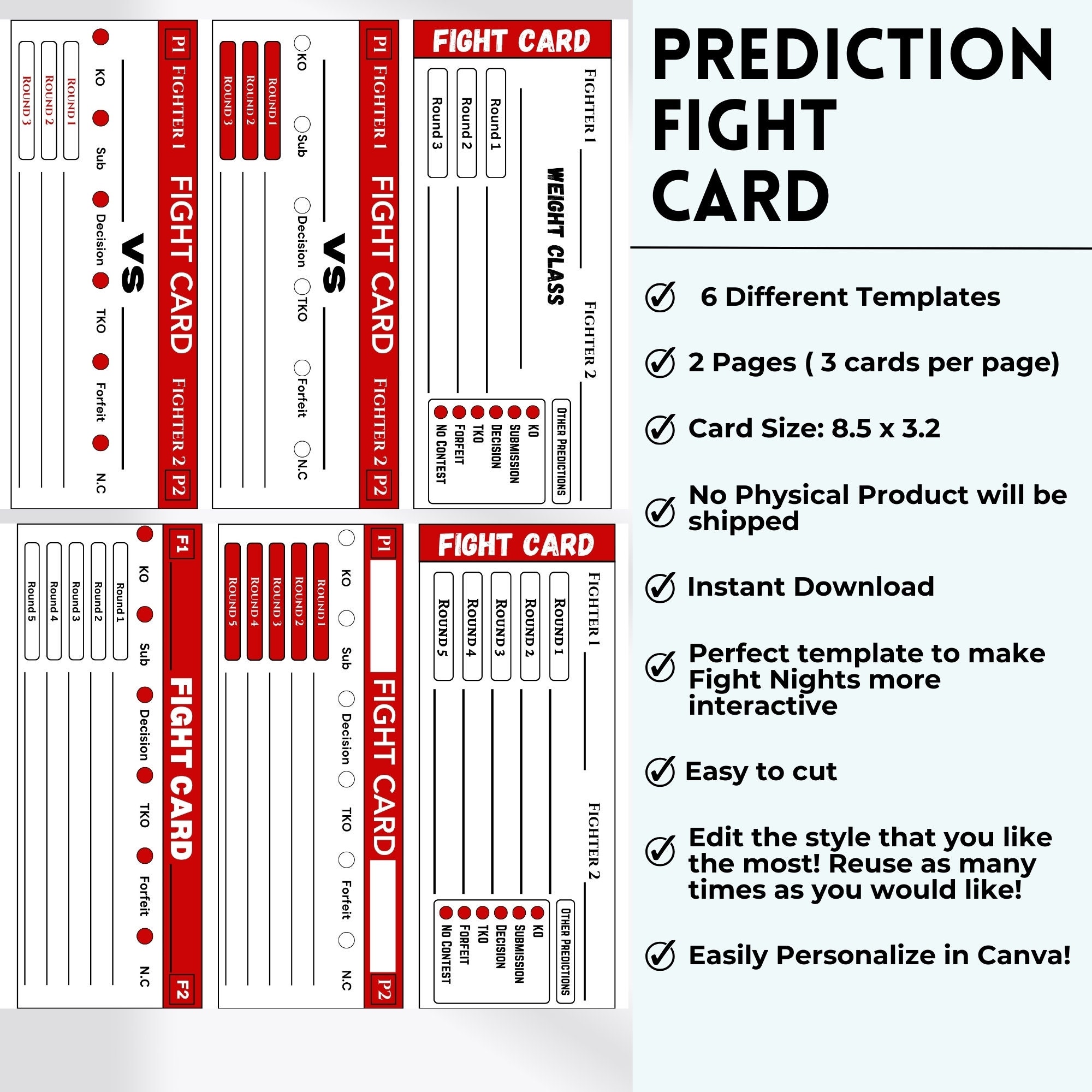 Editable Fight Prediction Card Templates, Sports Game Activity With ...