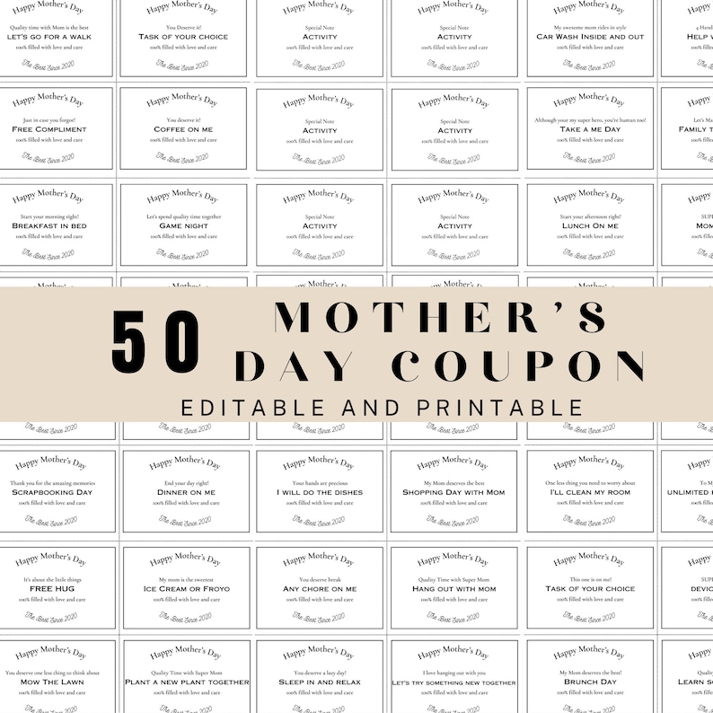 Mother 50 Coupon Book Gift, Printable Coupon Gift for Her, Simplistic ...