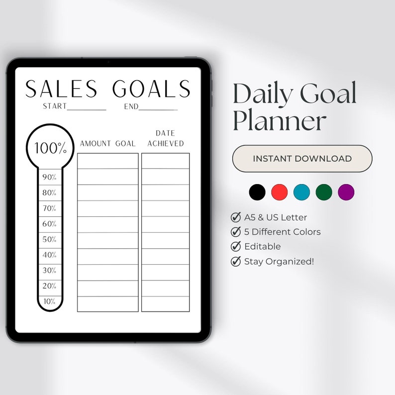 Printable Sales Goal Tracker, Simple Finance Thermometer Chart Tracker, Minimalist Goal ...
