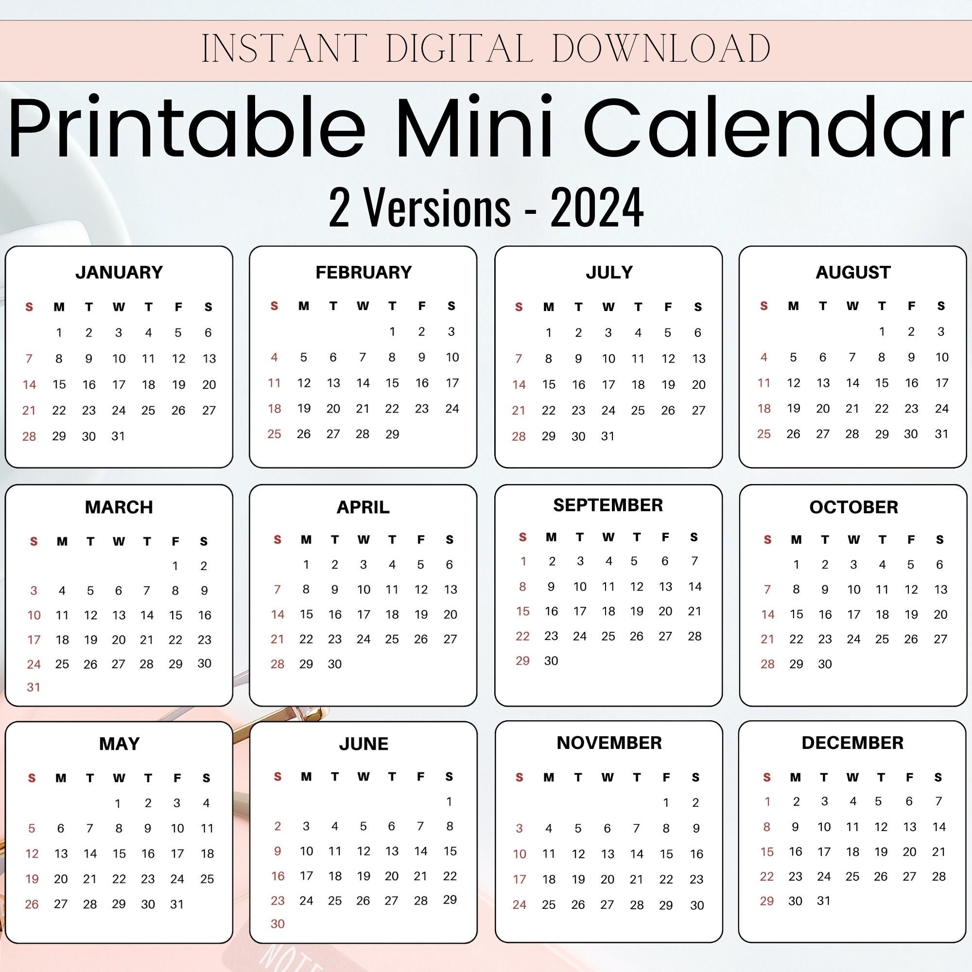 2024 Mini Calendars | Monthly Planner | Minimalist Calendar | 3.5 X3.4 ...