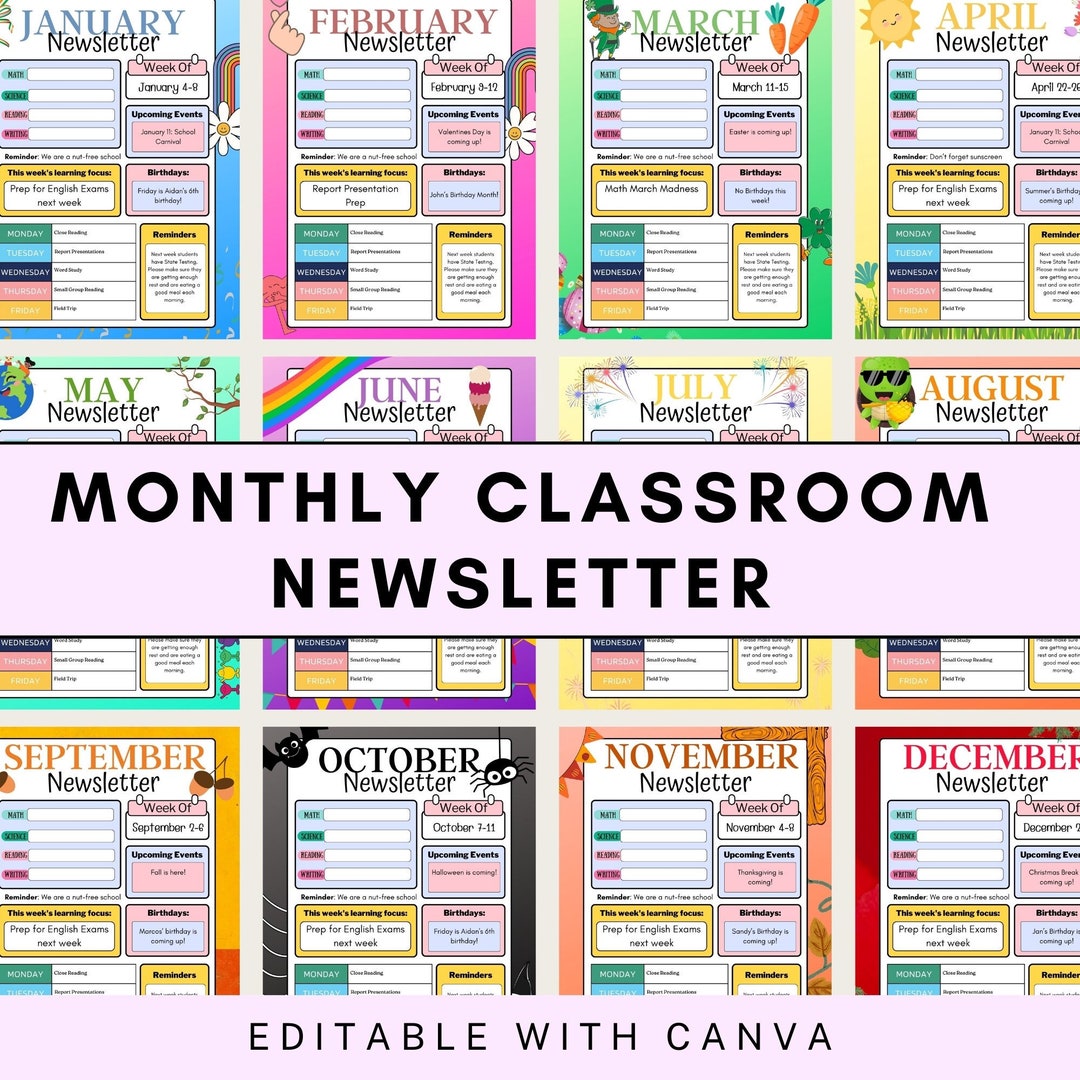 Classroom Teacher Newsletter Template, Editable Newsletter, Monthly ...