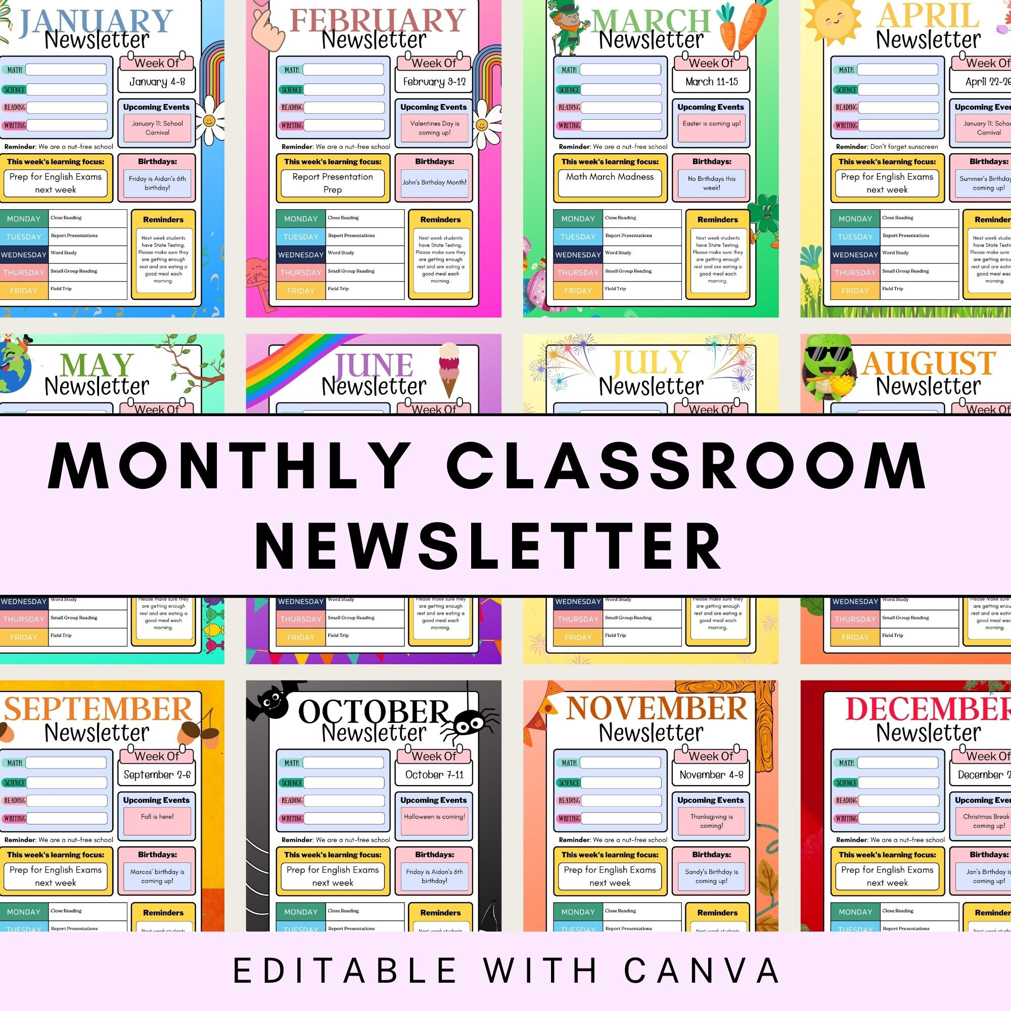 Classroom Teacher Newsletter Template, Editable Newsletter, Monthly ...