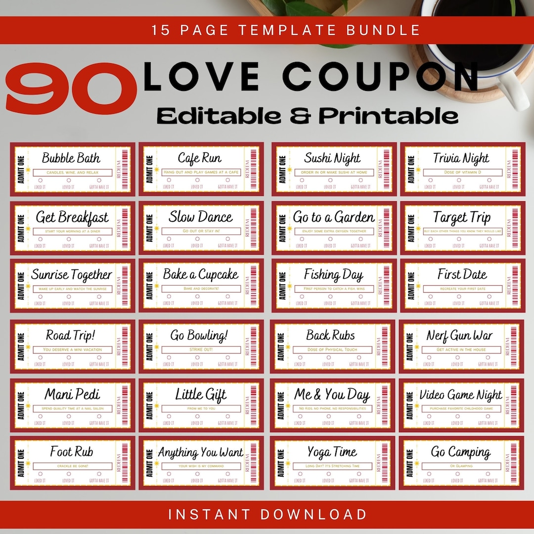 Editable Printable Love Coupons Book Template -anniversary or Valentine ...