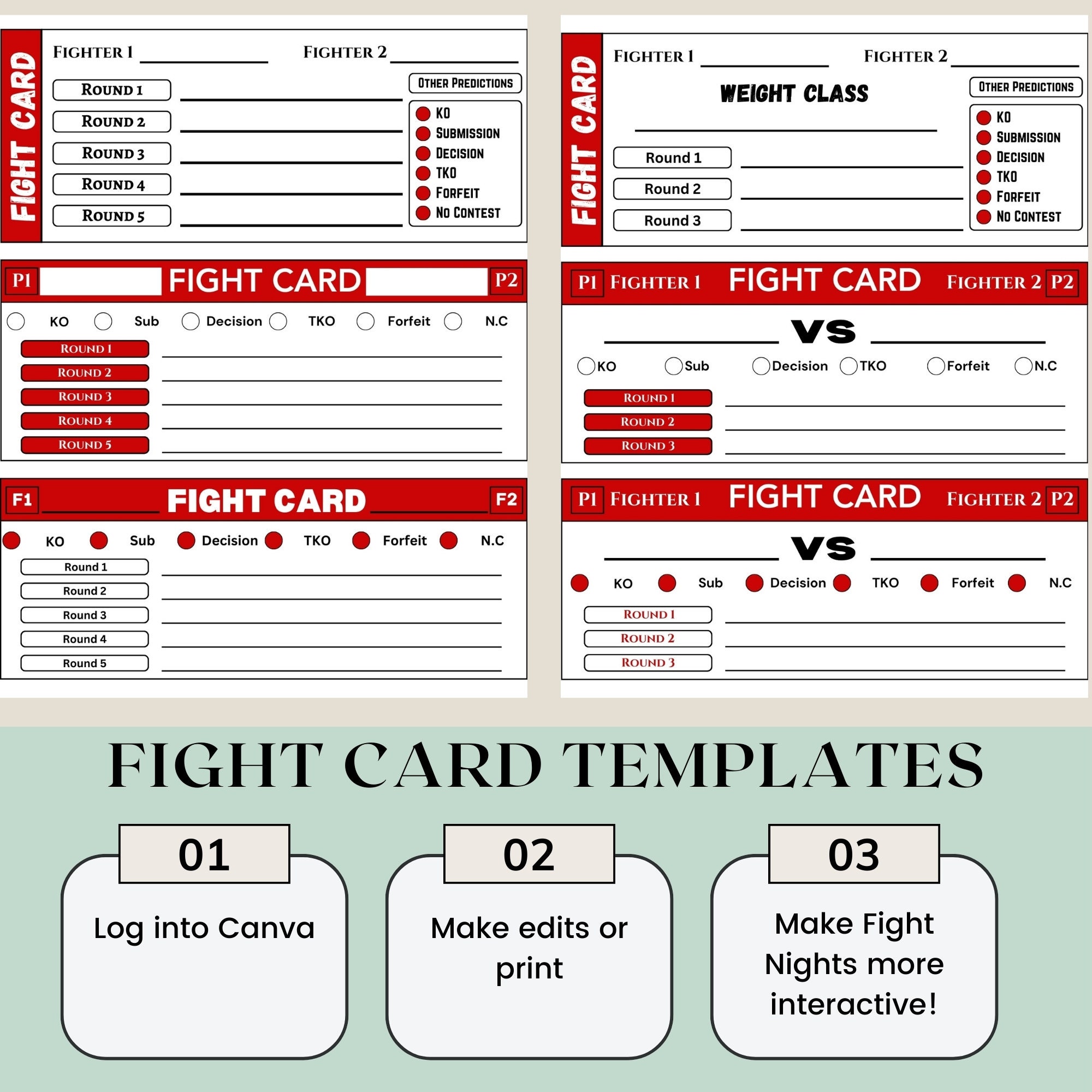 Editable Fight Prediction Card Templates, Sports Game Activity With ...