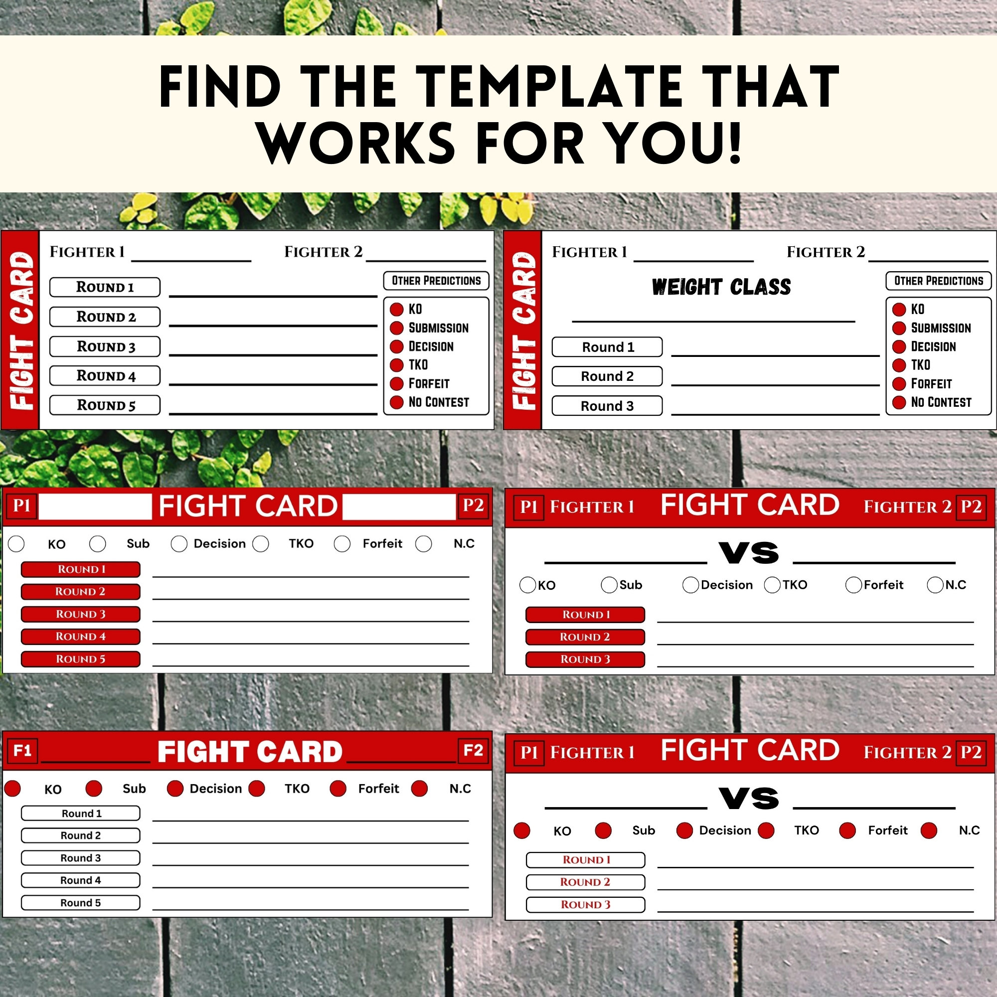 Editable Fight Prediction Card Templates, Sports Game Activity With ...