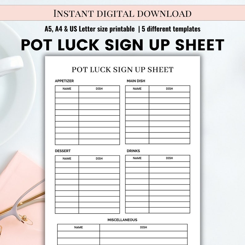 Minimalist Pot Luck Sign-up Sheet, Office Pot Luck Sign-up Sheet Bundle ...