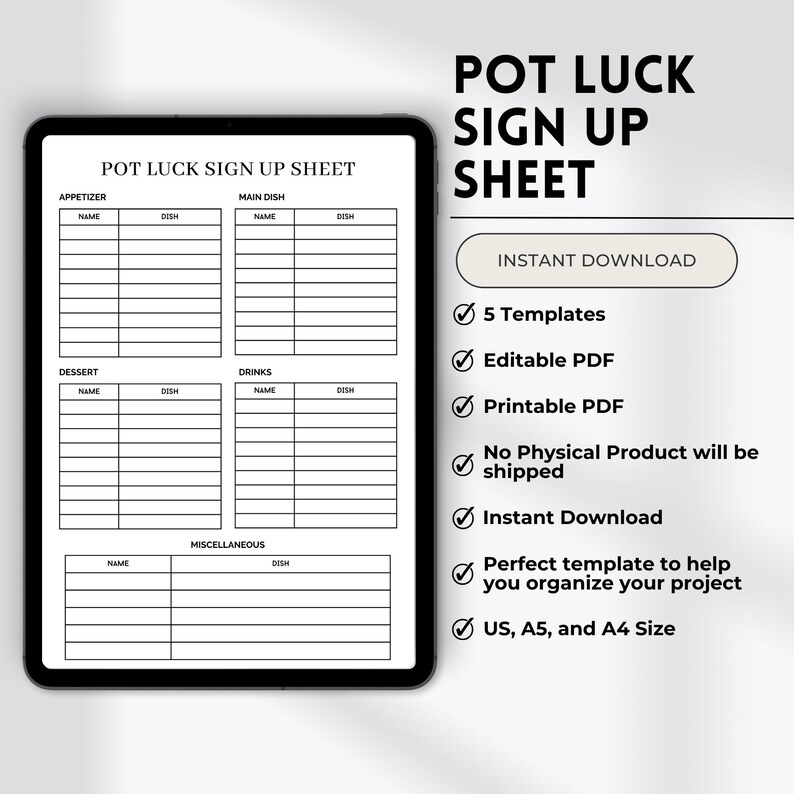 Minimalist Pot Luck Sign-up Sheet, Office Pot Luck Sign-up Sheet Bundle ...