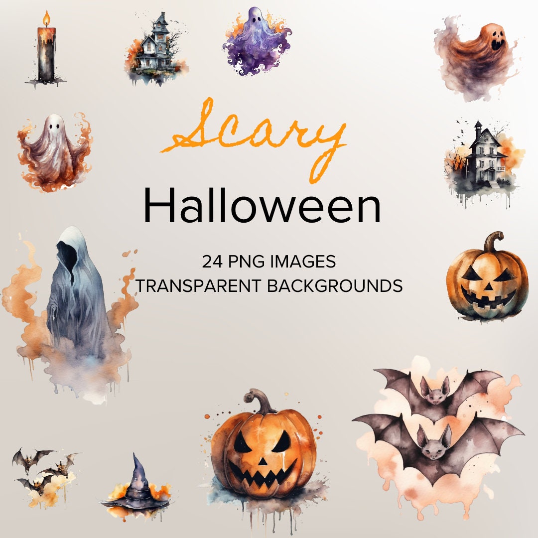 Scary Halloween Watercolor Clipart, Fall Clipart PNG, Halloween Party ...