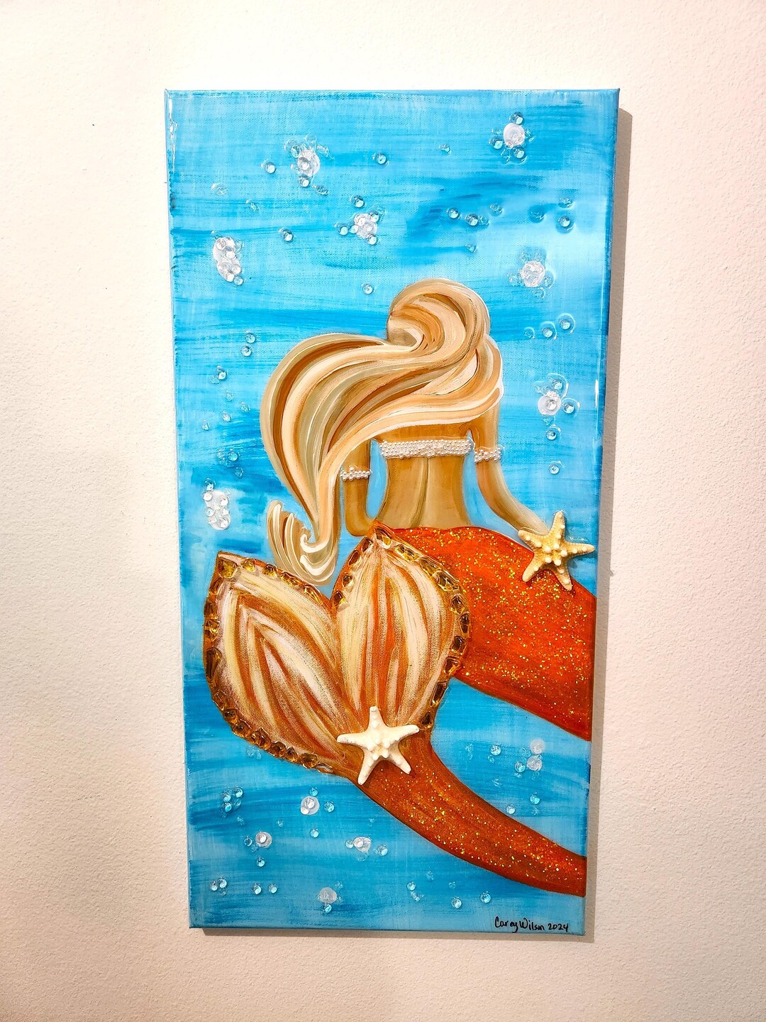 Hand-painted Mermaid Art: Acrylic, Fire Glass & Starfish - 12x24 Canvas ...
