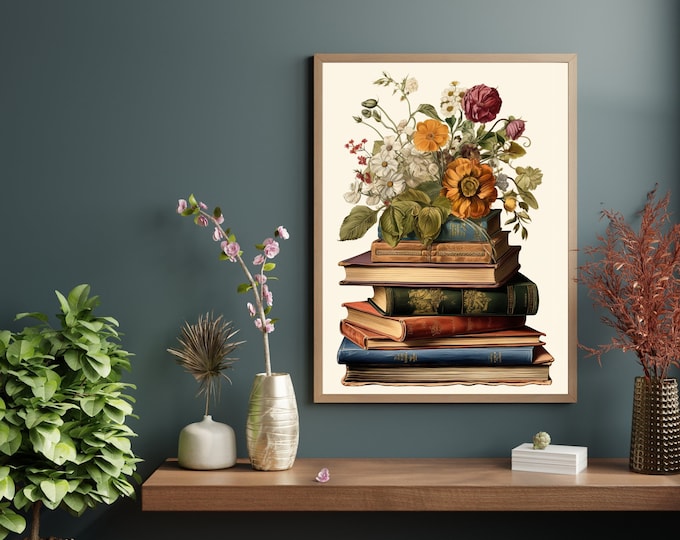 Botanical Vintage Book Stack Art Print Reading Art Print - Etsy