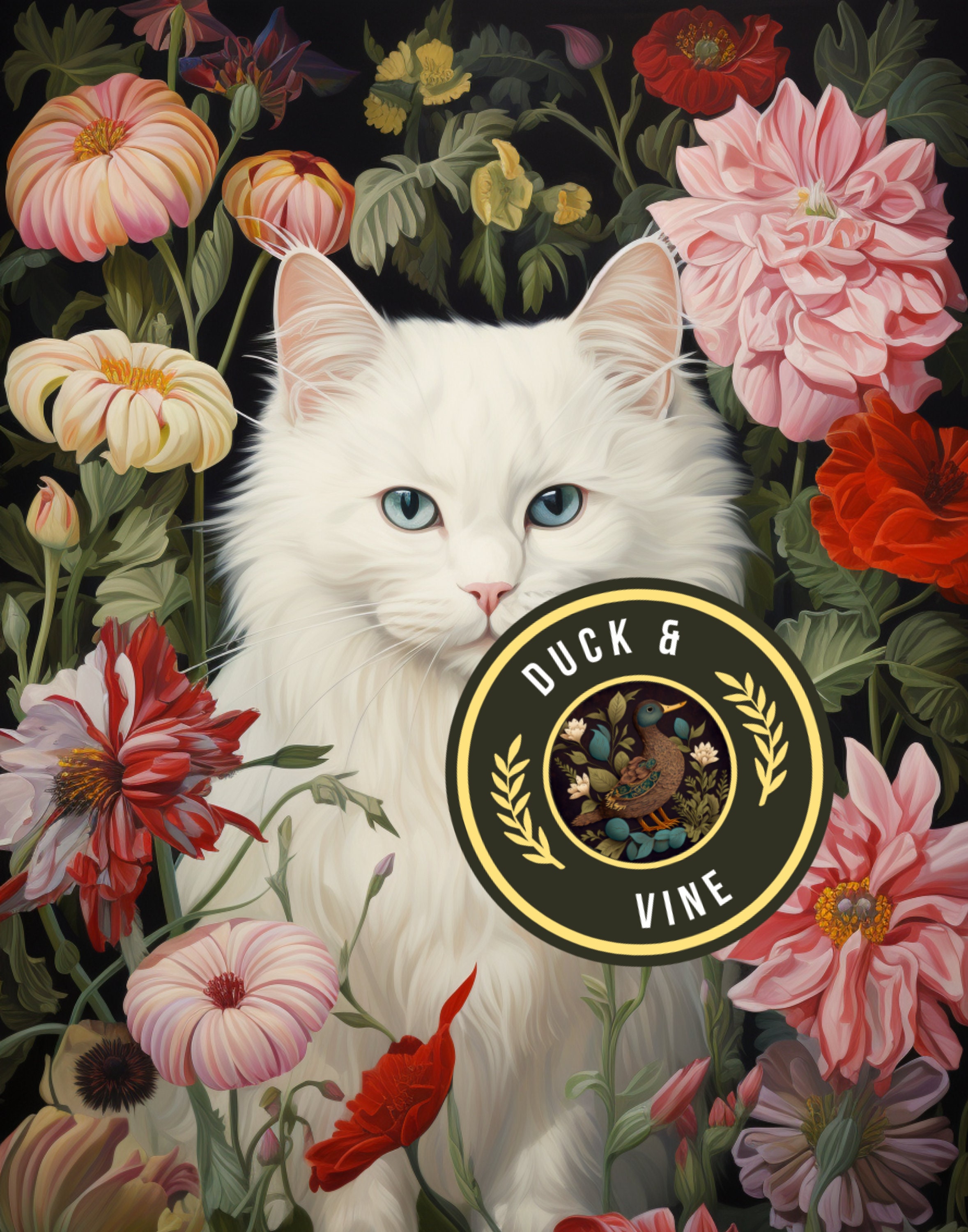 Botanical White Cat Art Print - Floral White Cat Art Print - Etsy