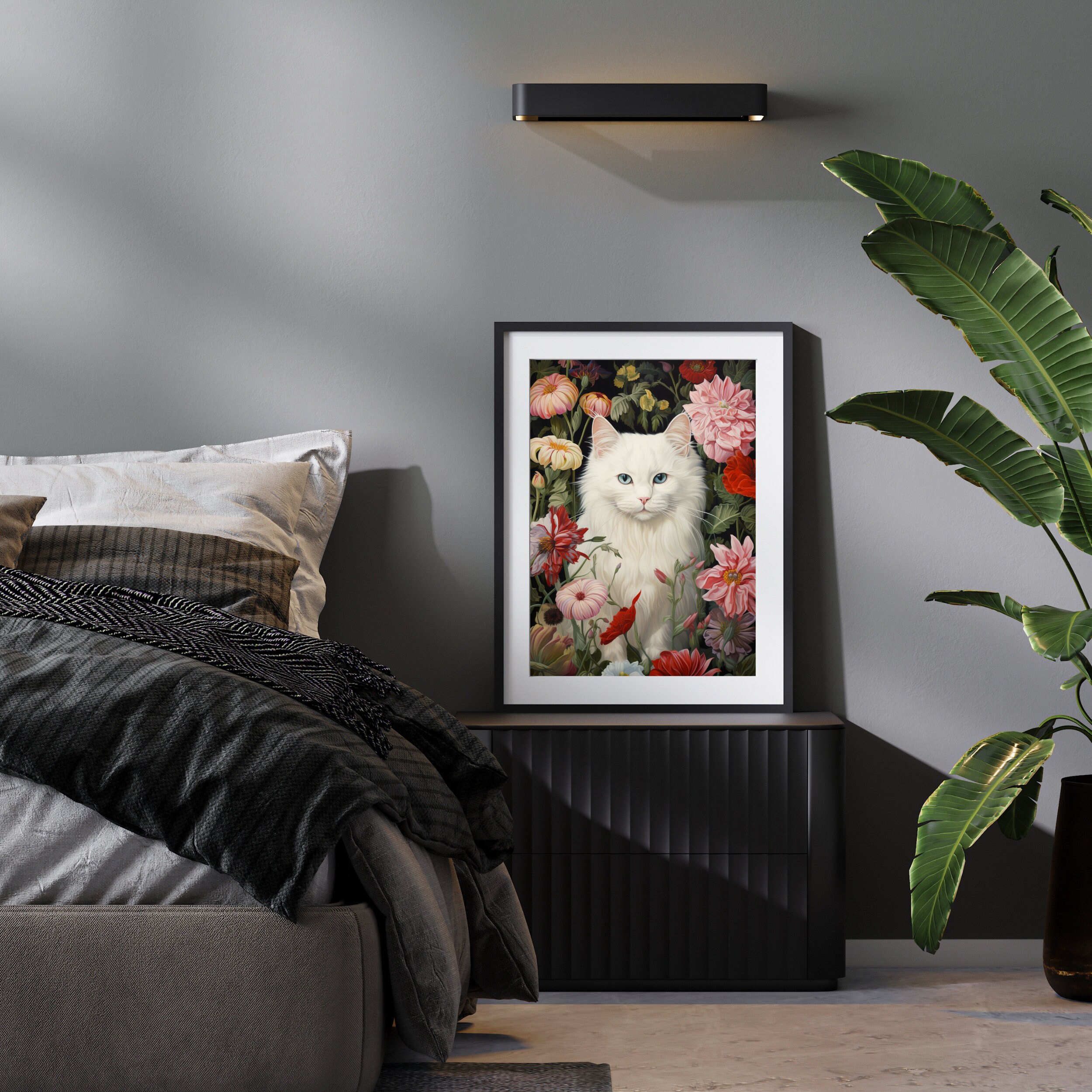Botanical White Cat Art Print - Floral White Cat Art Print - Etsy