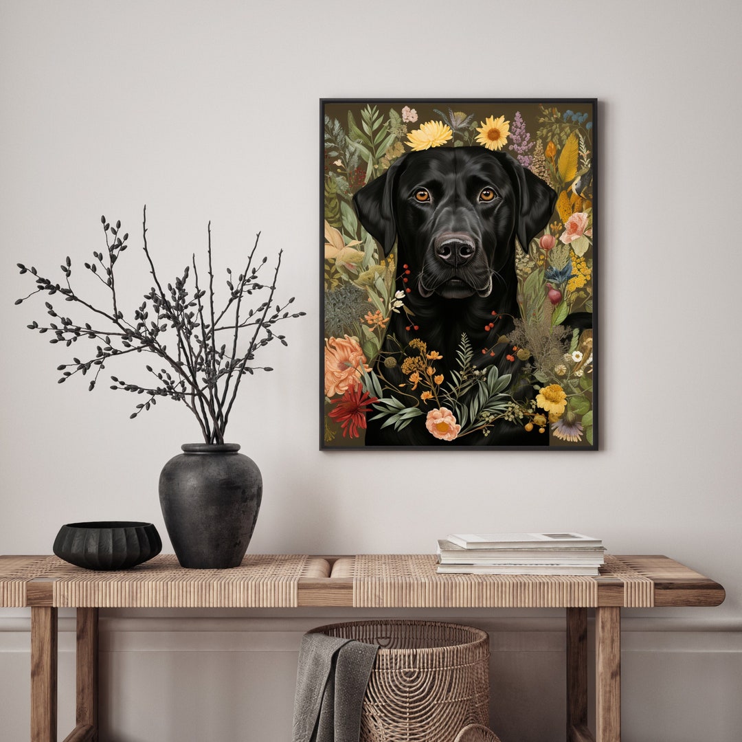 Botanical Black Lab Art Print - Floral Black Lab Art Print - Etsy