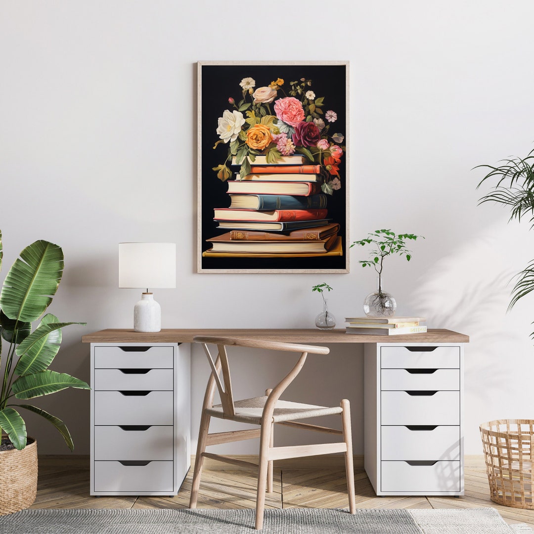 Botanical Vintage Book Stack Art Print - Reading Art Print - Etsy