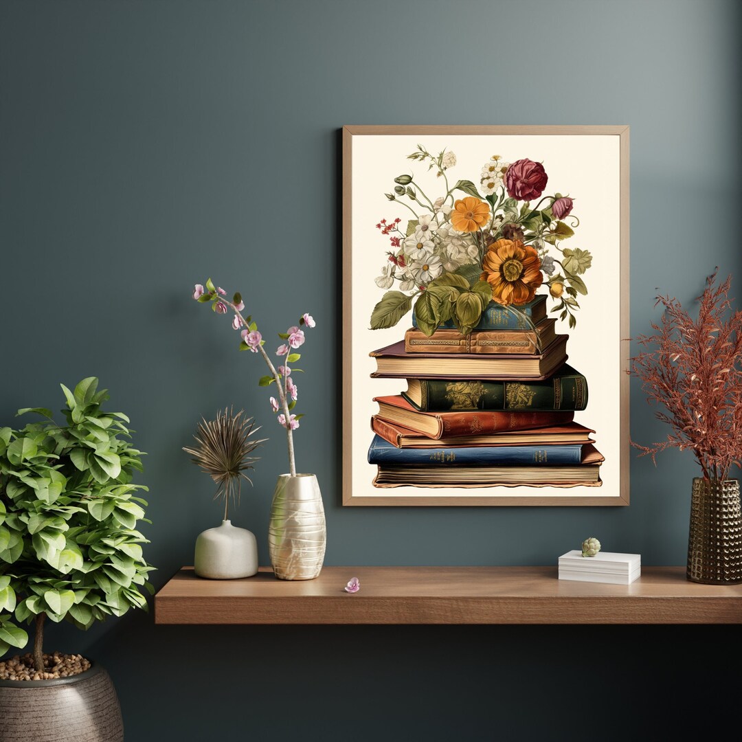 Botanical Vintage Book Stack Art Print - Reading Art Print - Etsy