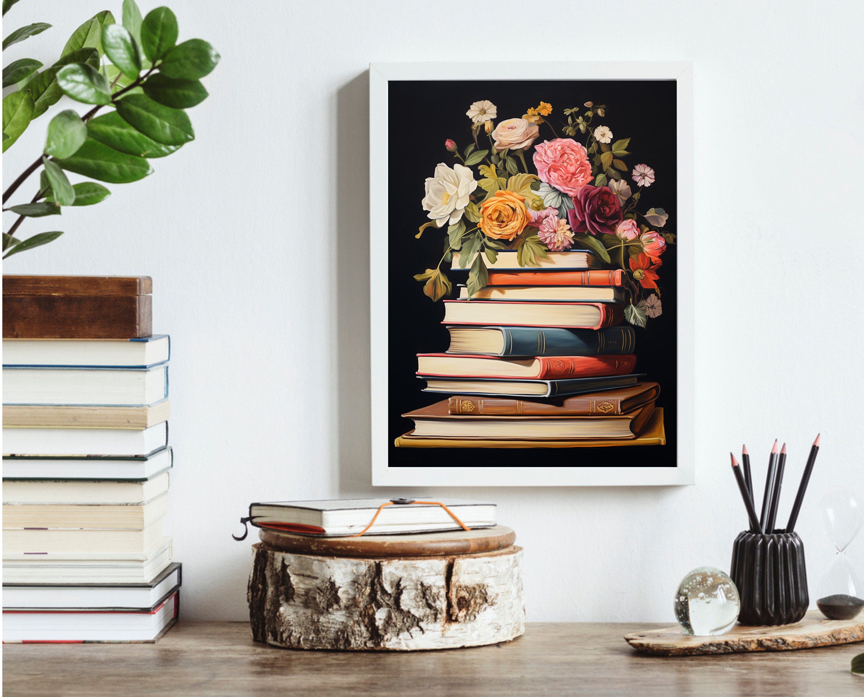 Botanical Vintage Book Stack Art Print - Reading Art Print - Etsy