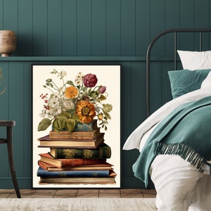 Botanical Vintage Book Stack Art Print - Reading Art Print - Etsy