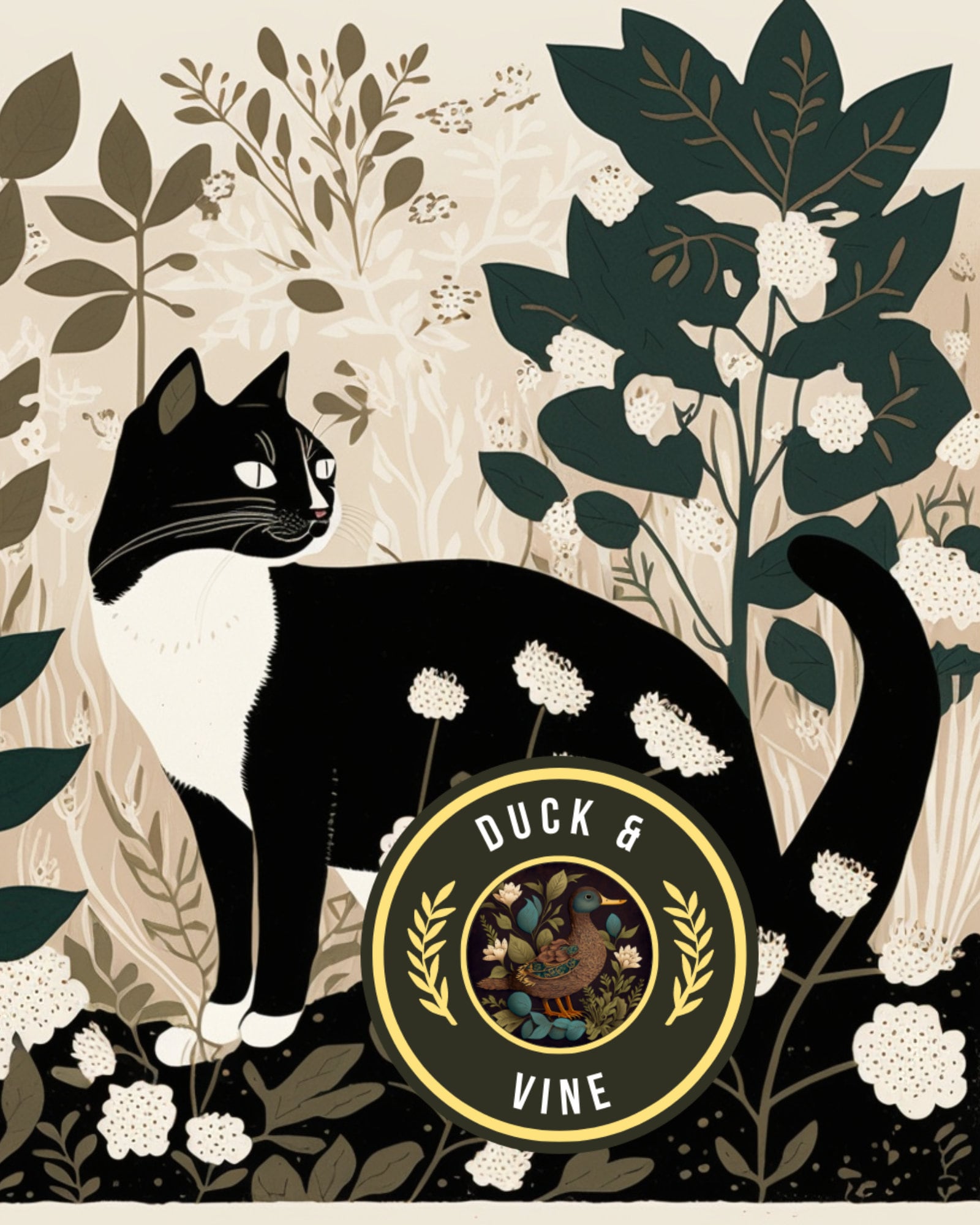 Bold Moody Curious Black & White Cat Botanical Art Print - Etsy