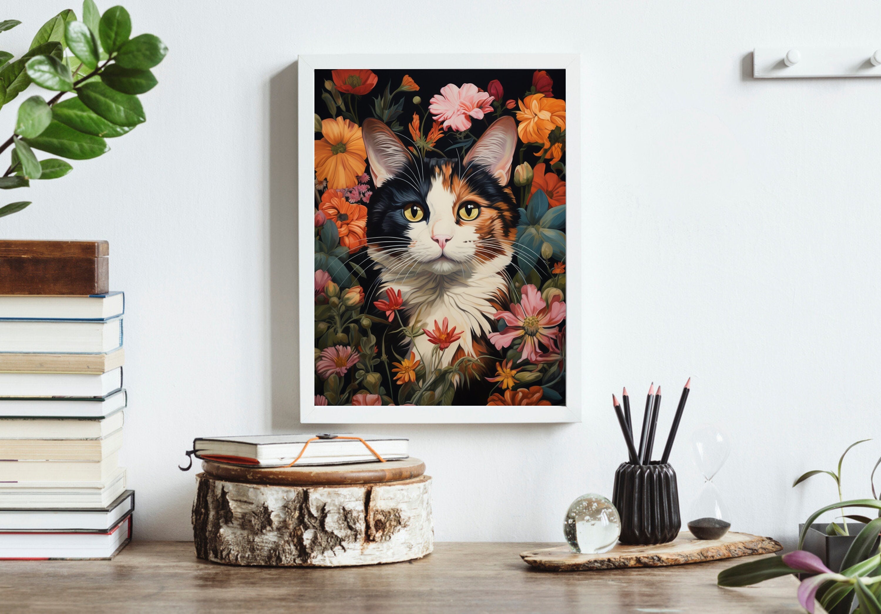 Botanical Calico Cat Art Print - Floral Calico Cat Art Print - Etsy