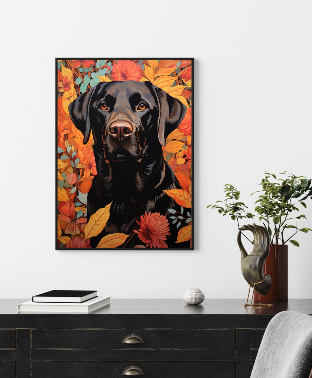 Botanical Black Lab Art Print - Floral Black Lab Art Print - Etsy
