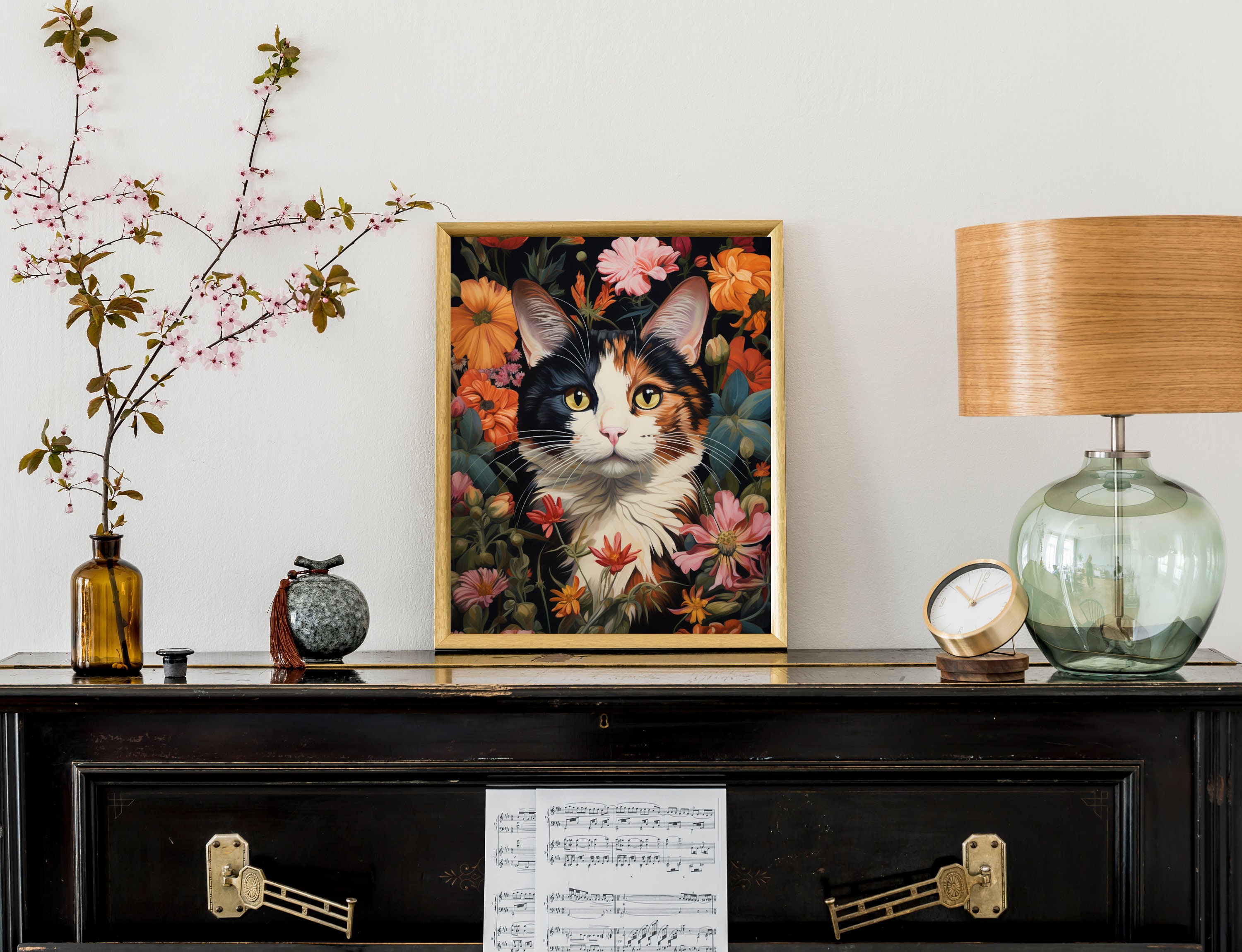 Botanical Calico Cat Art Print - Floral Calico Cat Art Print - Etsy