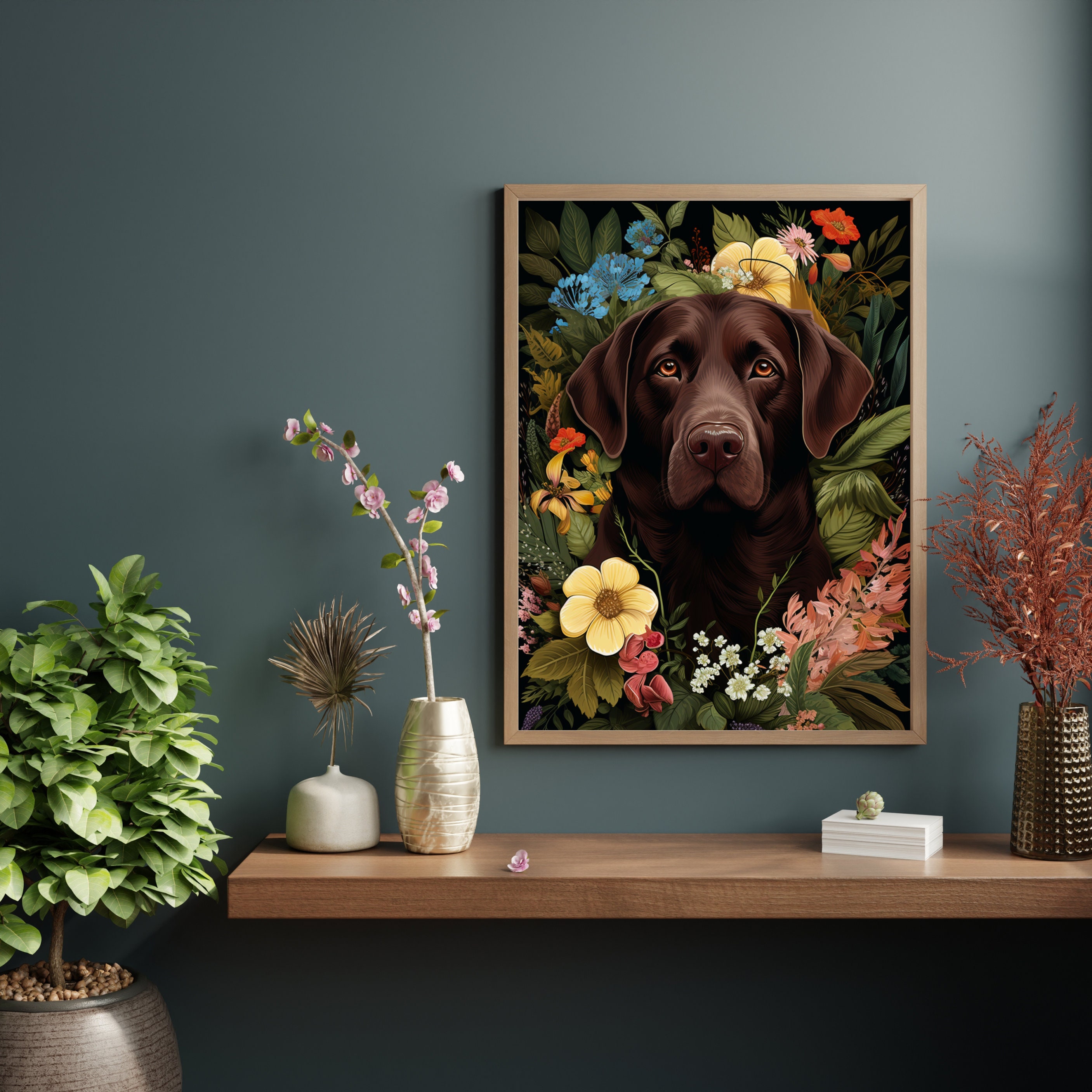 Botanical Chocolate Lab Art Print Floral Brown Lab Art Print - Etsy