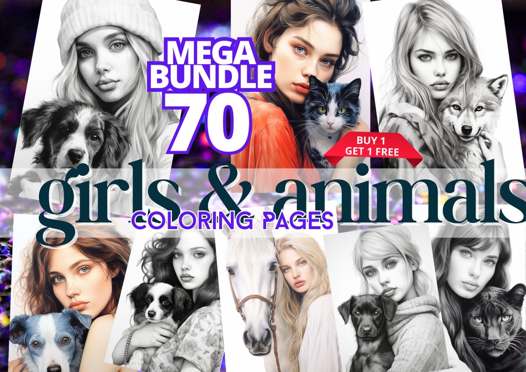 Mega Bundle Beautiful Girls & Animals 70 Coloring Pages for Adults and ...