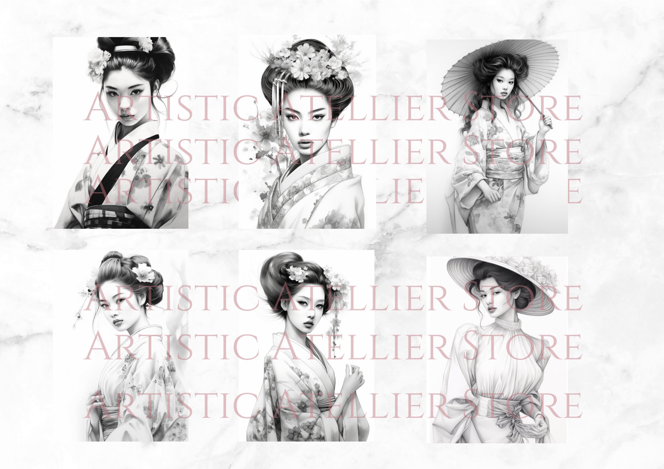 Beautiful Asian Girls 12 Coloring Pages for Adults Geisha Coloring Book ...