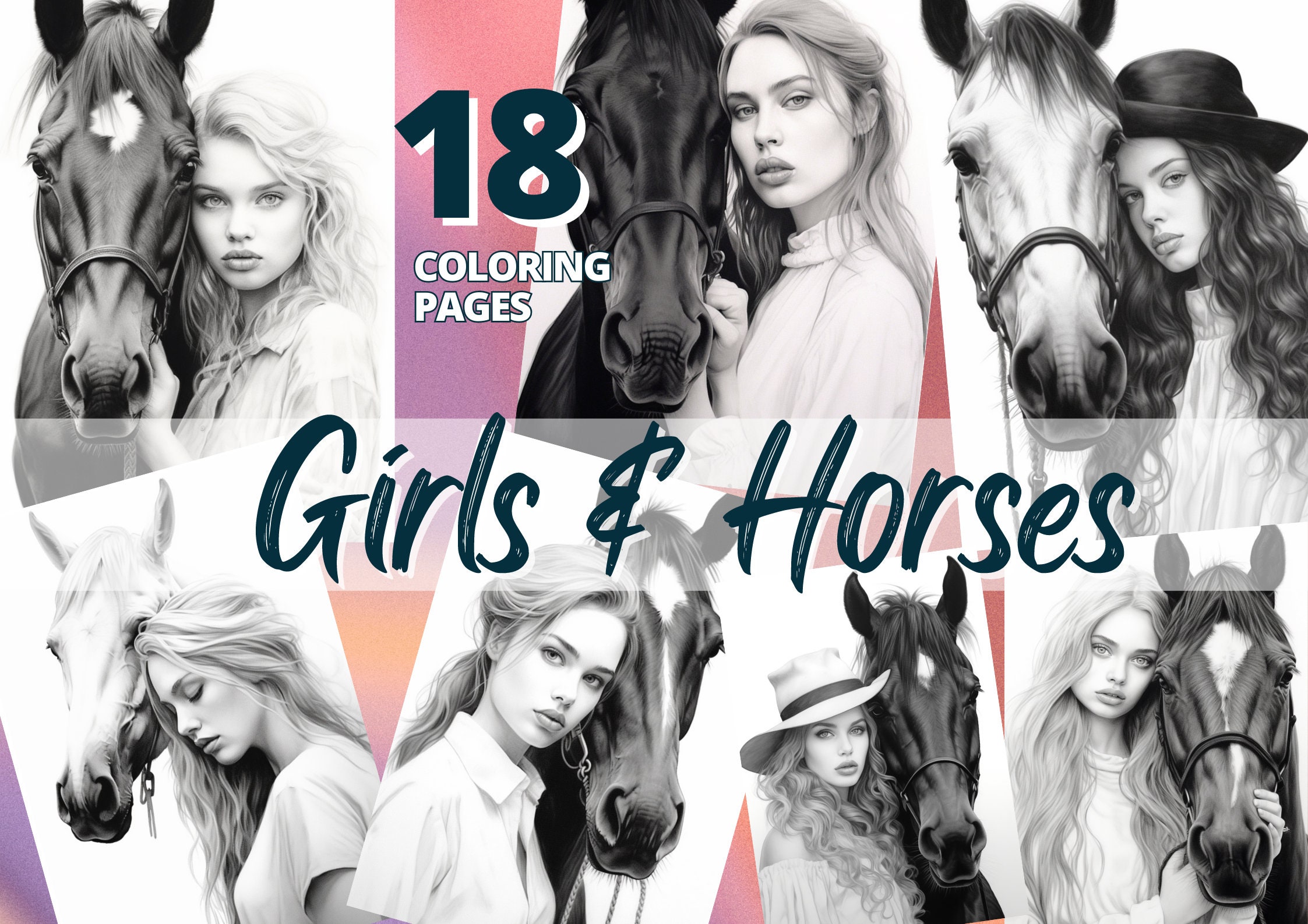 Girls and Horses 18 Coloring Pages for Adults - Coloring Book Digital ...