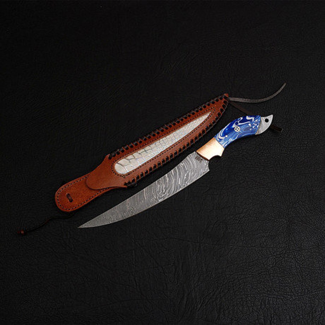 Damascus Fillet Knife Acrylic Handle With Mosaic Pin & Lanyard - Etsy