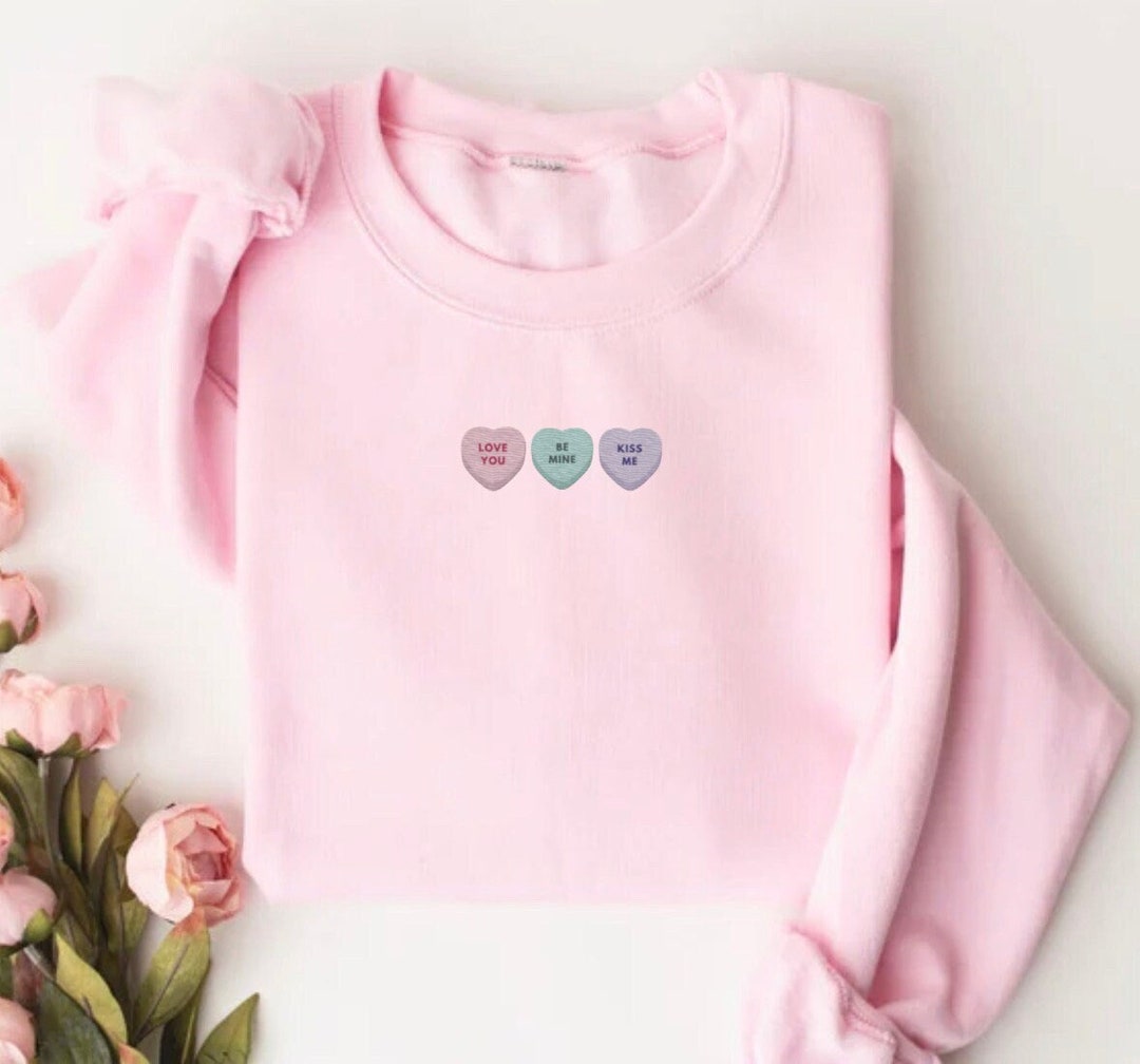 Embroidered Valentines Day Hearts Sweatshirt Valentines Candy Hearts