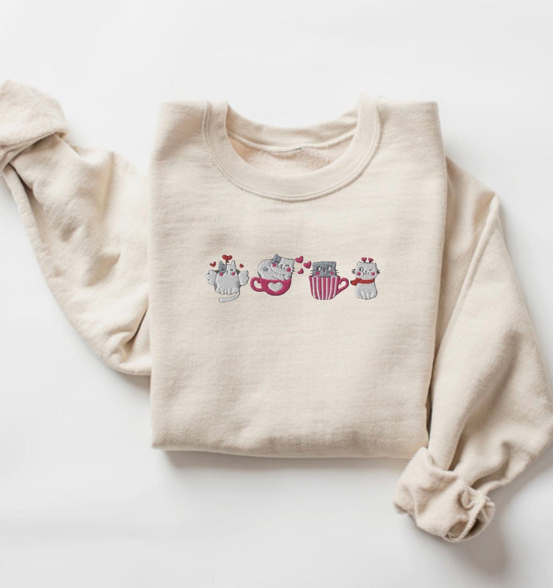 EMBROIDERED CAT Valentine Sweatshirt, Valentines Cat Shirt, Gift for ...