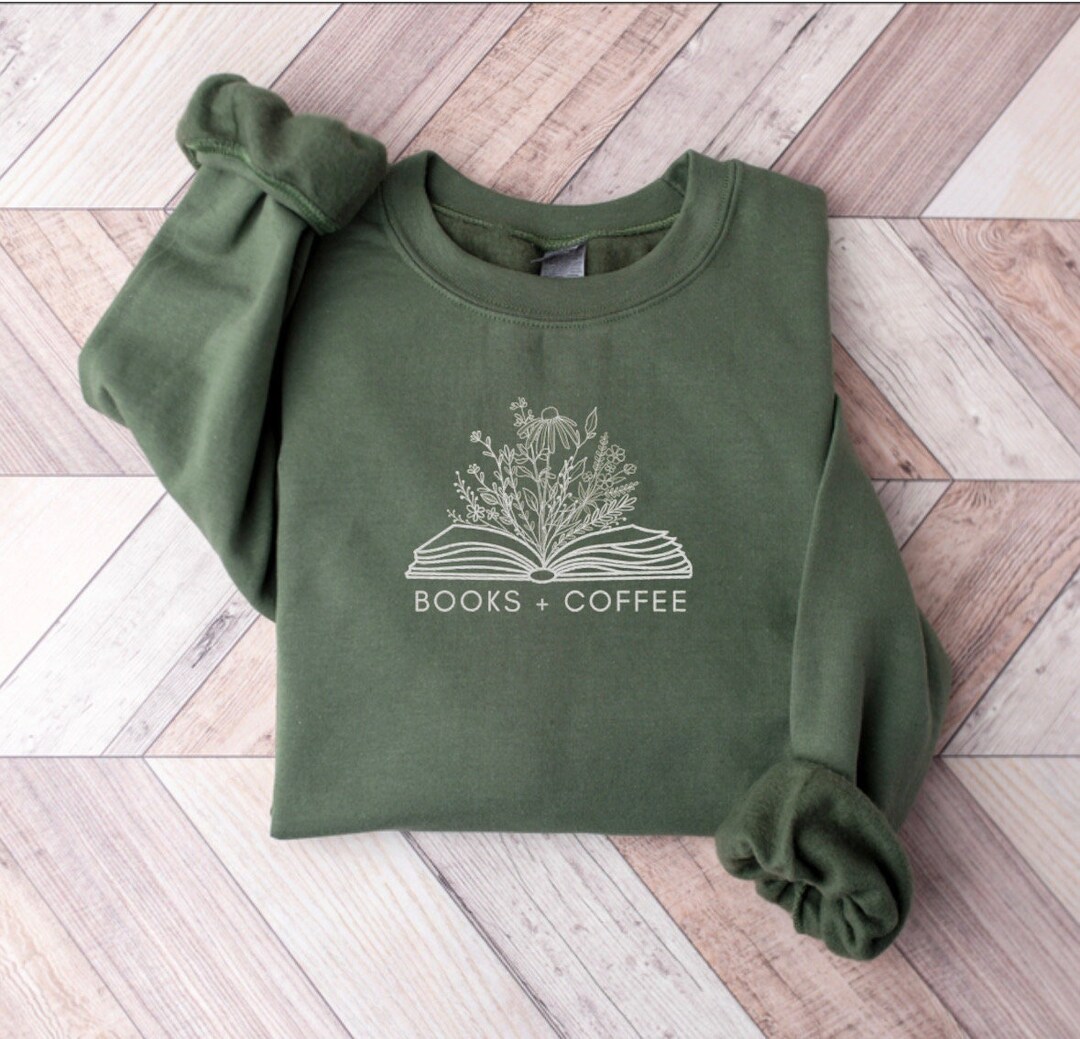 EMBROIDERED BOOKS and Coffee Sweatshirt, Book Sweatshirt, Coffee ...