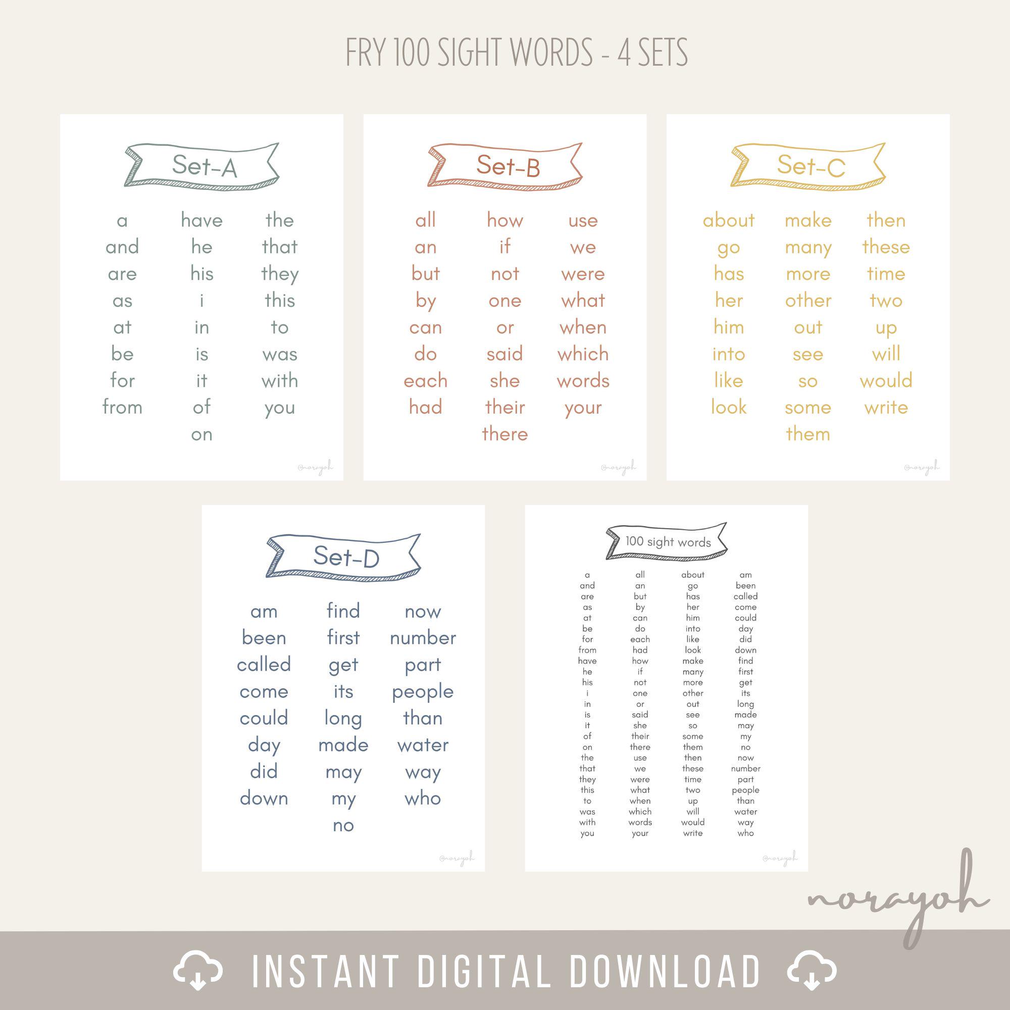 First 100 FRY SIGHT WORDS Printable File | Learn to Read Flashcard ...