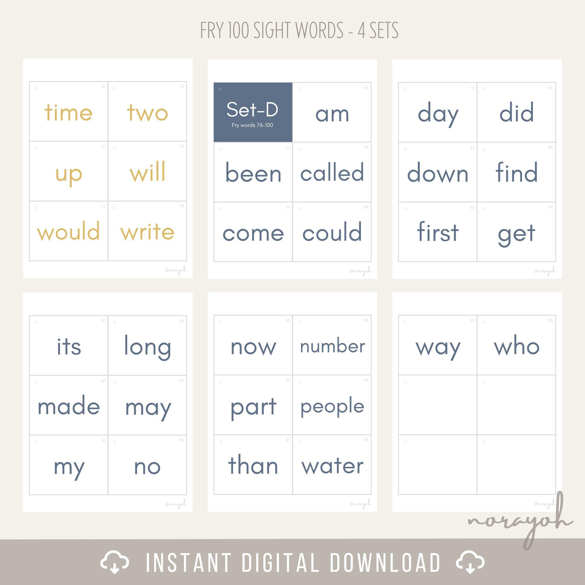 First 100 FRY SIGHT WORDS Printable File | Learn to Read Flashcard ...