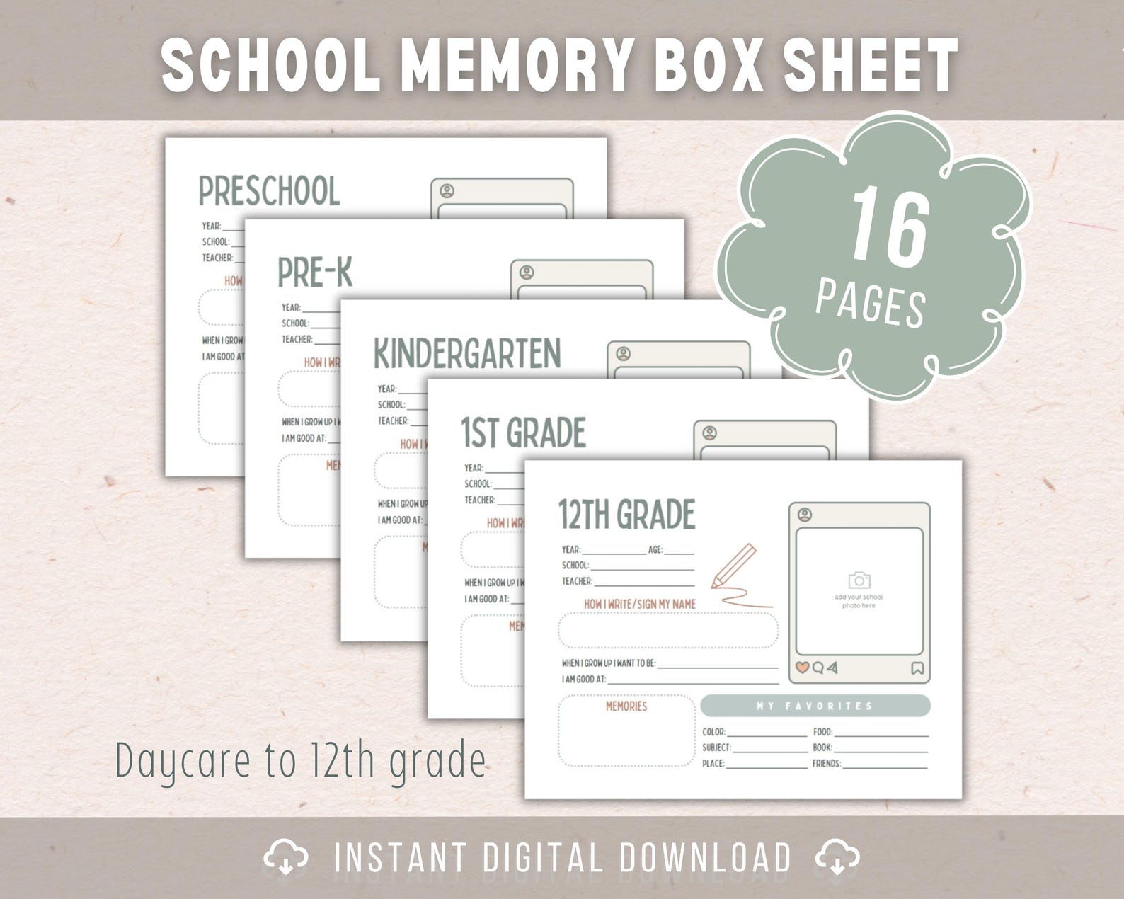 SCHOOL MEMORY BOX File Folder Cover | Printable Sheet Questionnaire ...