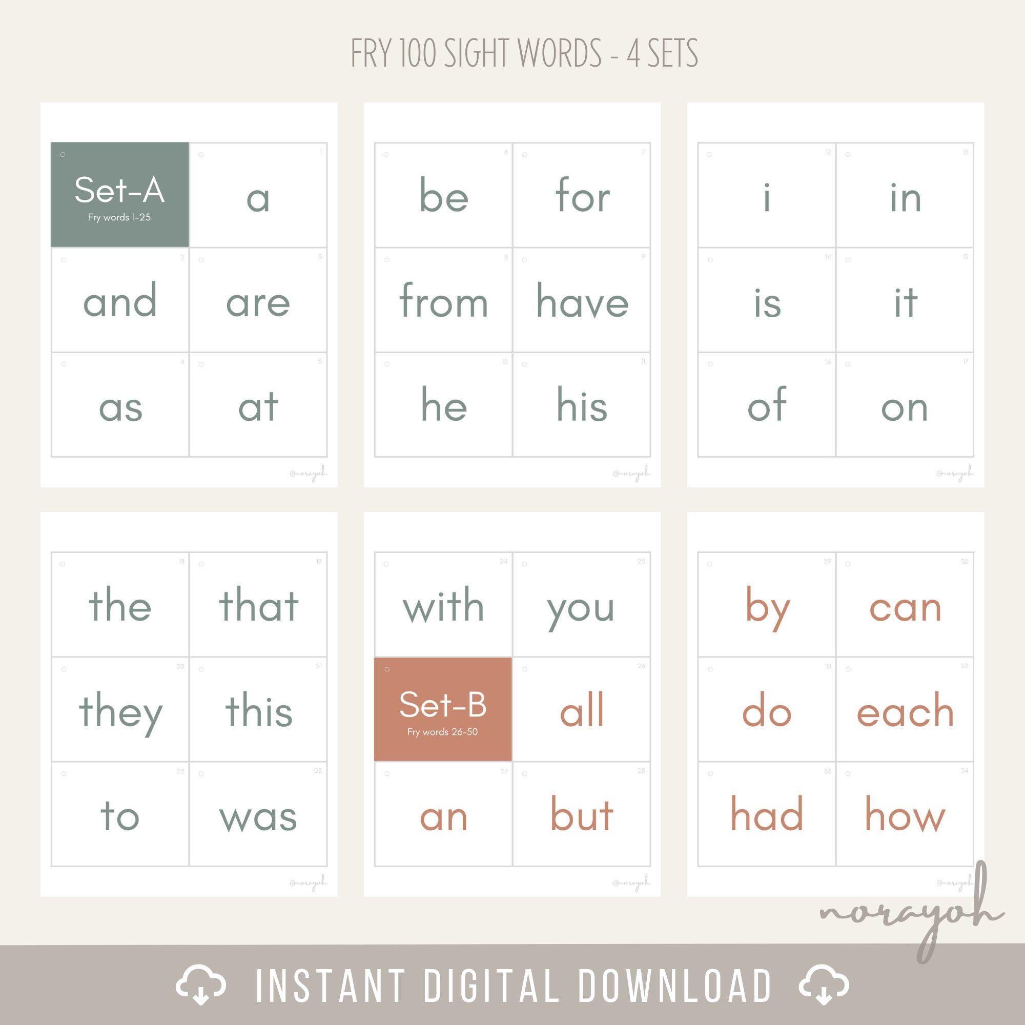 First 100 FRY SIGHT WORDS Printable File | Learn to Read Flashcard ...
