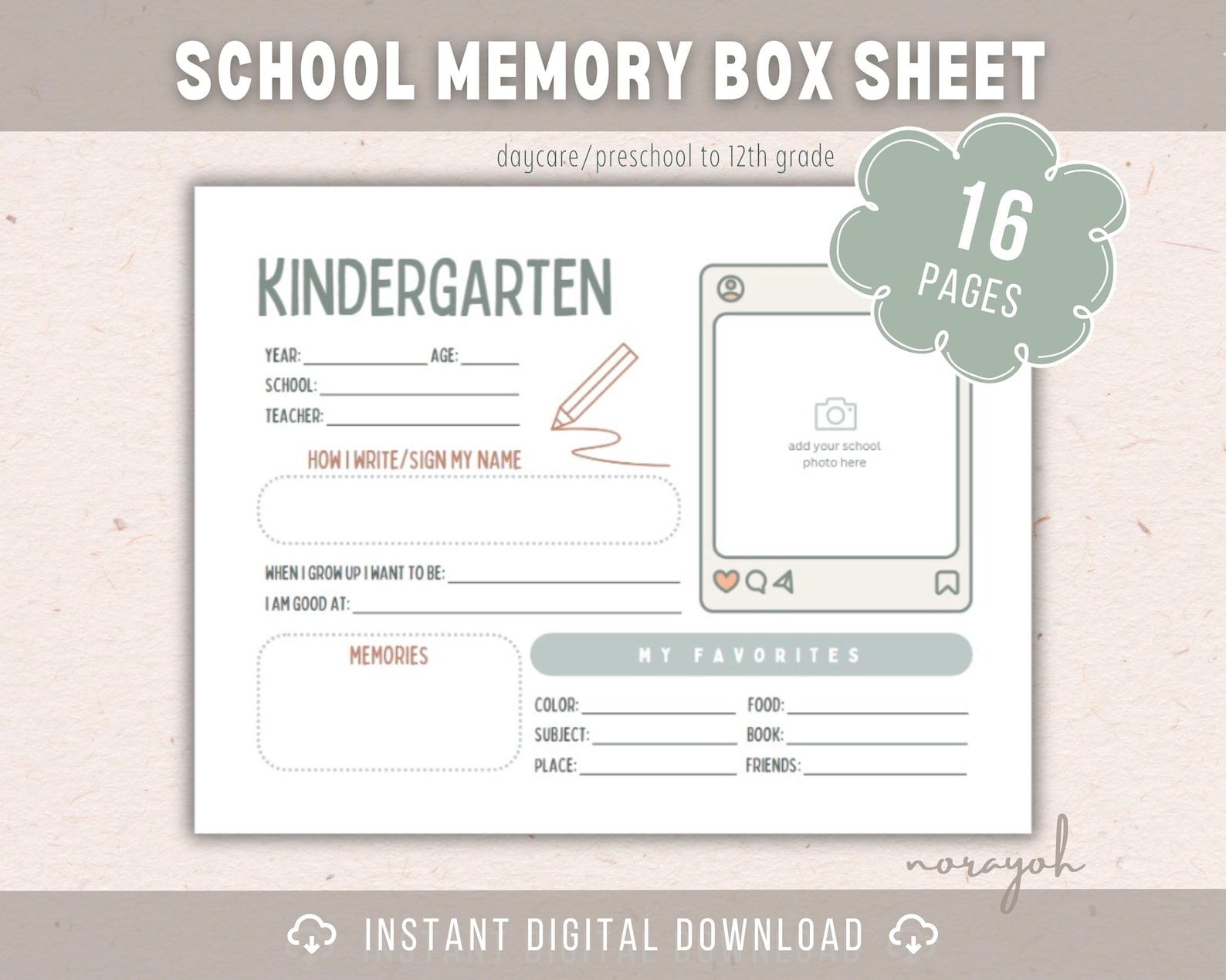 SCHOOL MEMORY BOX File Folder Cover | Printable Sheet Questionnaire ...