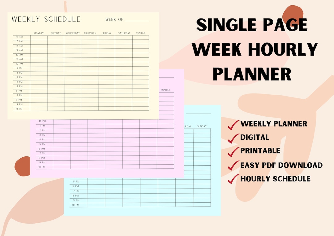 Hourly Weekly Schedule - Weekly Printable Planner - Instant Download ...